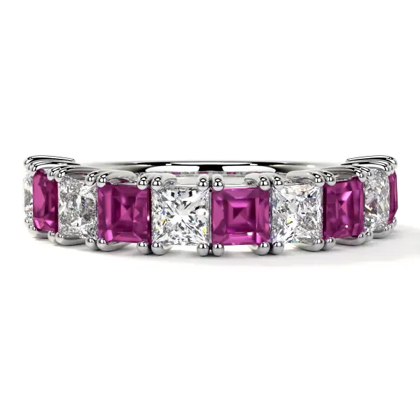 Half Eternity Diamond And Pink Sapphire Square Four Prong Wedding Ring (2.31cttw) EB74647PS | GemsNY