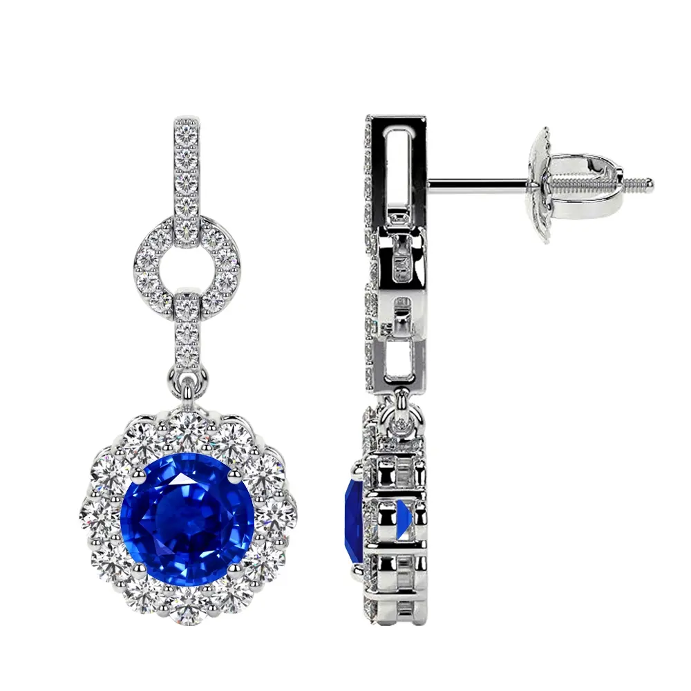 Round Shape Blue Sapphire Dangling Earrings With Round Diamonds (4 ...