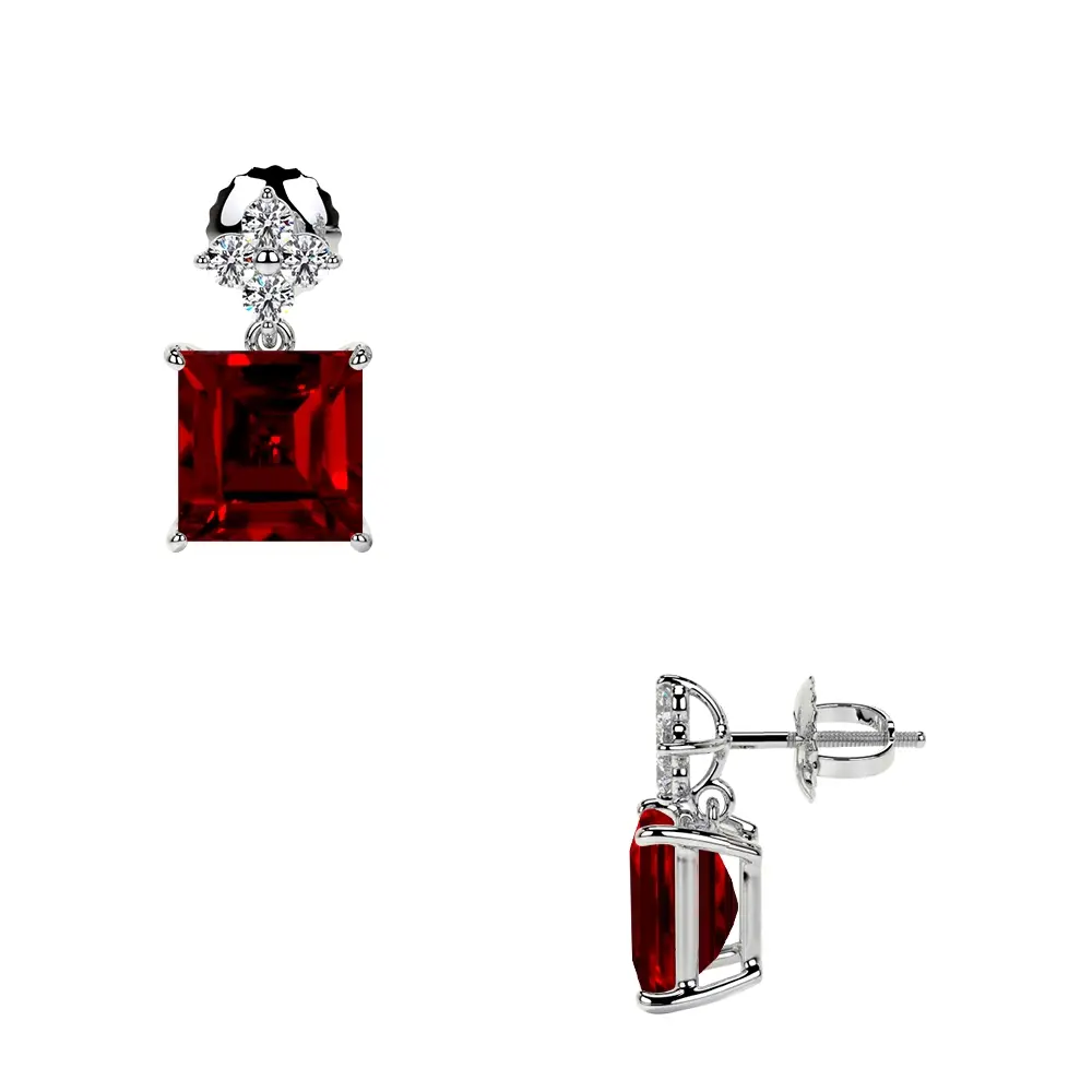 Square Cut Ruby Earrings With Round Diamonds (0.90cttw) AAAA Quality