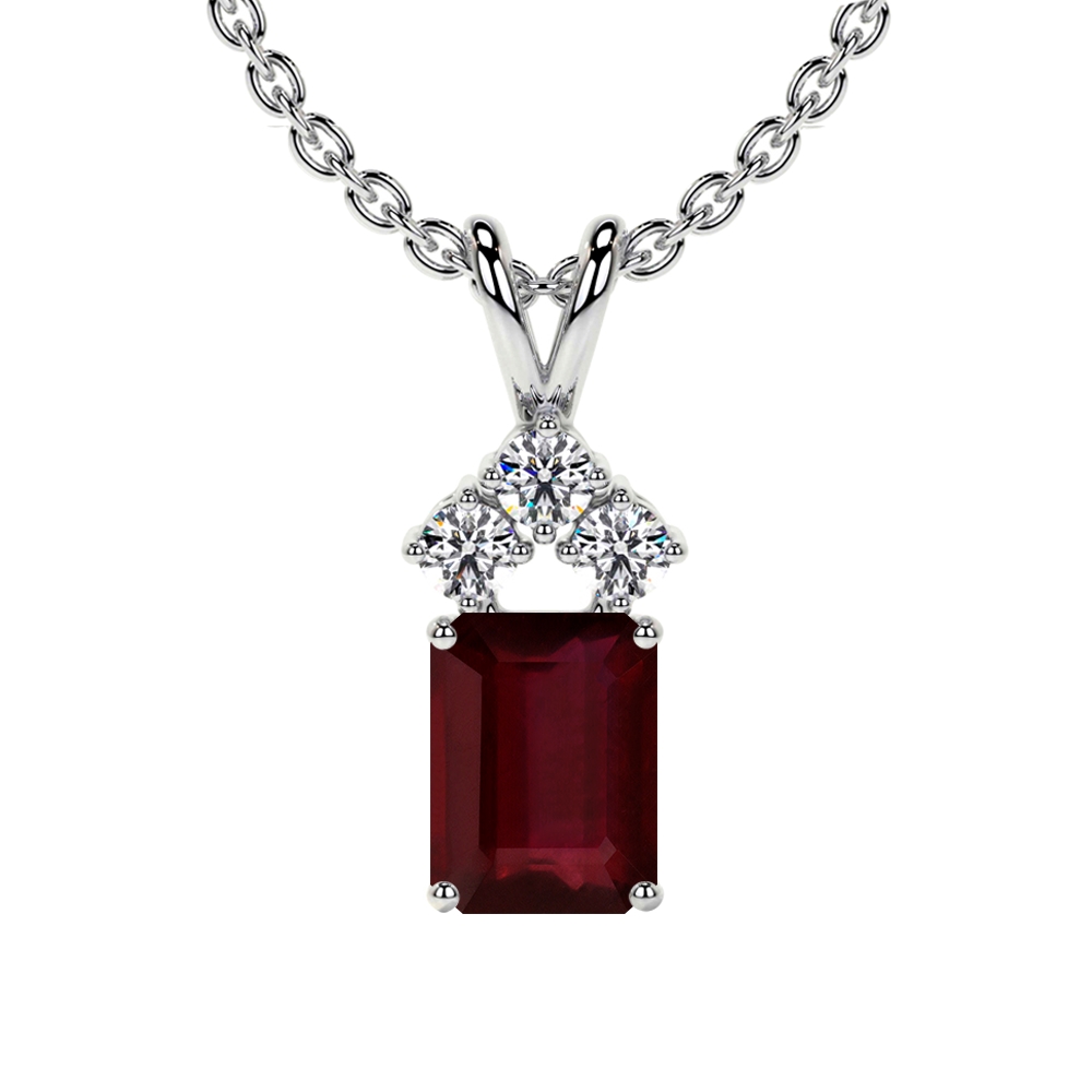 Emerald Cut Ruby Pendant with Three Round Diamonds (1.19cttw) AA Quality