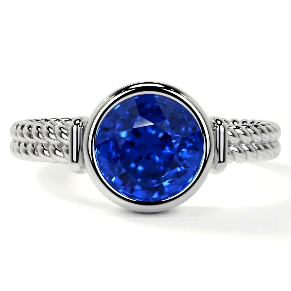 Round Bezel Set Blue Sapphire Rope Ring(0.65cts.) AAAA Quality