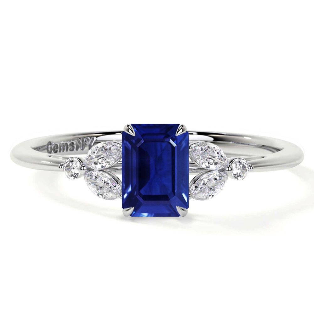 Petite Emerald Cut Blue Sapphire Ring with Round and Marquise Side ...