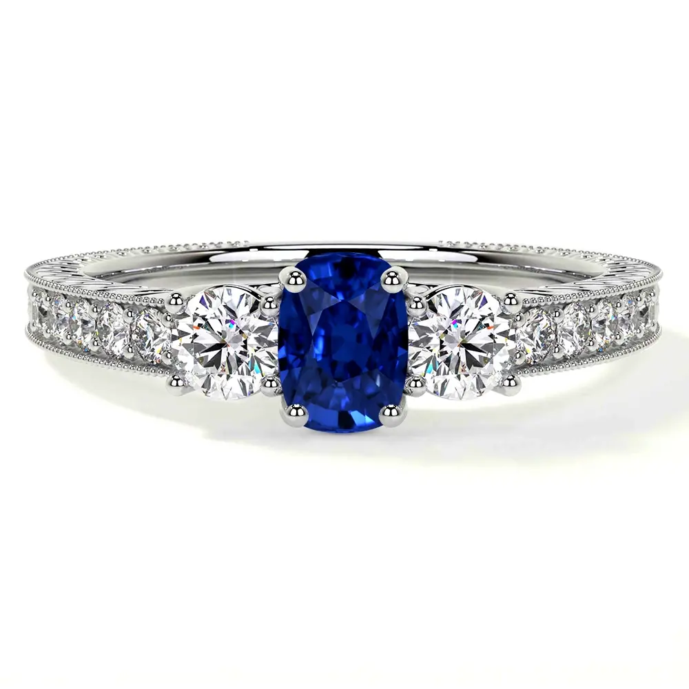 Natural Elongated Cushion Blue Sapphire Prong Set Three Stone Ring With ...