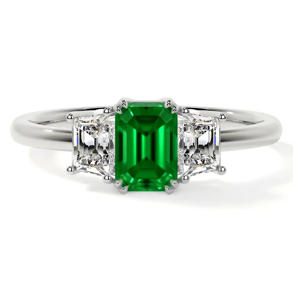 Natural Emerald Cut Emerald Prong Set Three Stone Ring With Trapezoid ...