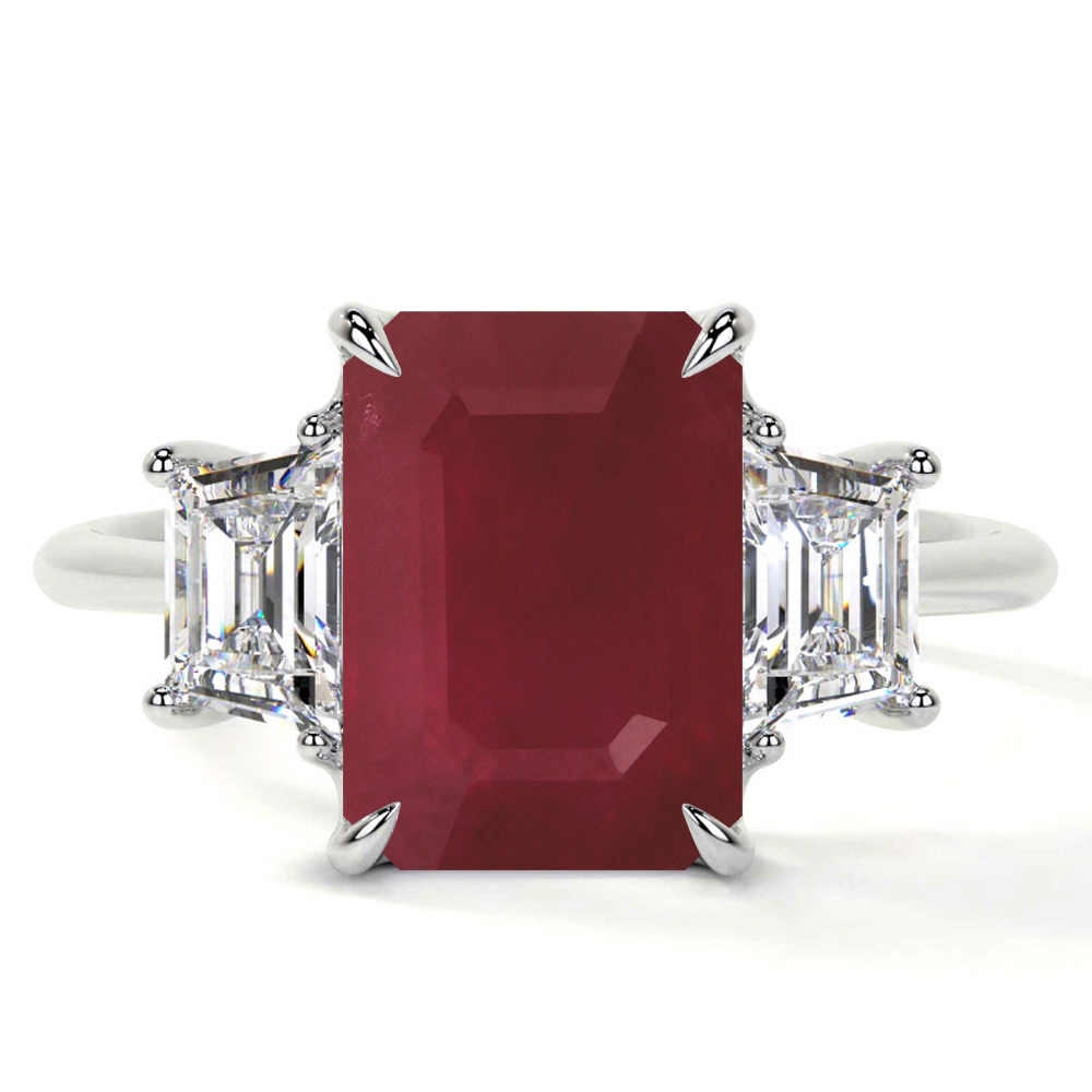 Three Stone Ring Emerald Cut Ruby with Prong Set Trapezoid Side ...