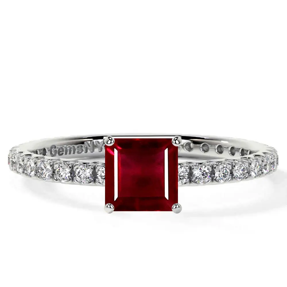 Classic Four Prong Square Cut Ruby Ring with Pave Set Diamonds (0 ...