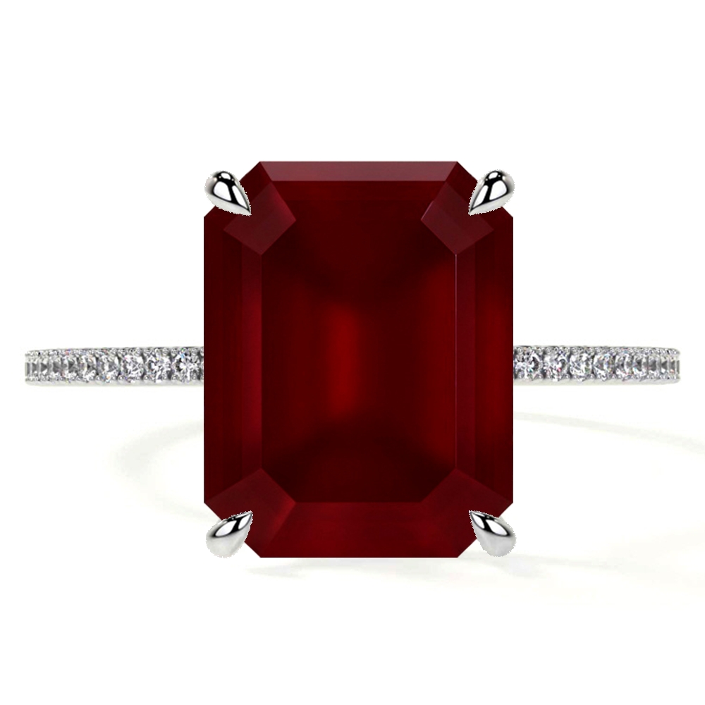 Emerald Cut Prong Set Ruby Hidden Halo Ring with Petite Pave Set Band(1 ...