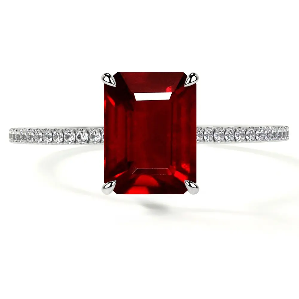 Emerald Cut Prong Set Ruby Hidden Halo Ring with Petite Pave Set Band(1 ...
