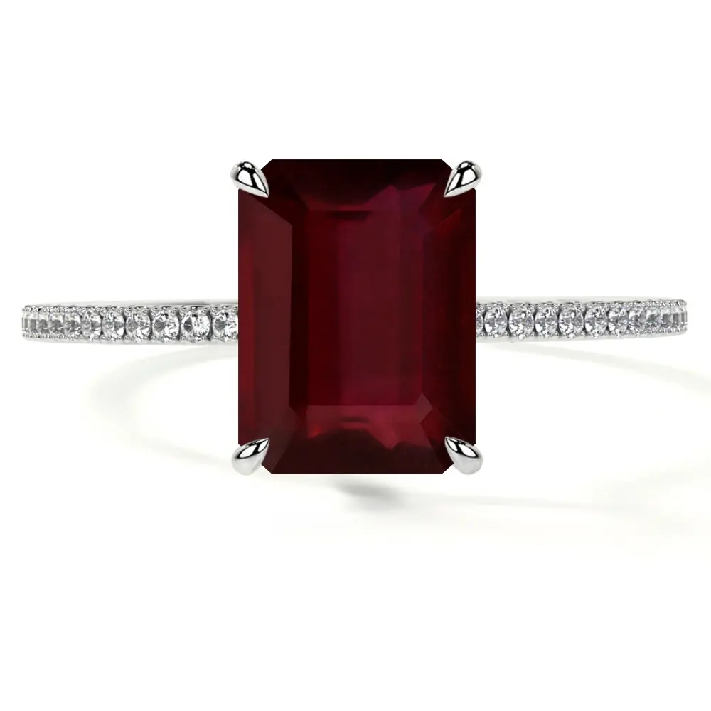 Emerald Cut Prong Set Ruby Hidden Halo Ring with Petite Pave Set Band(2 ...