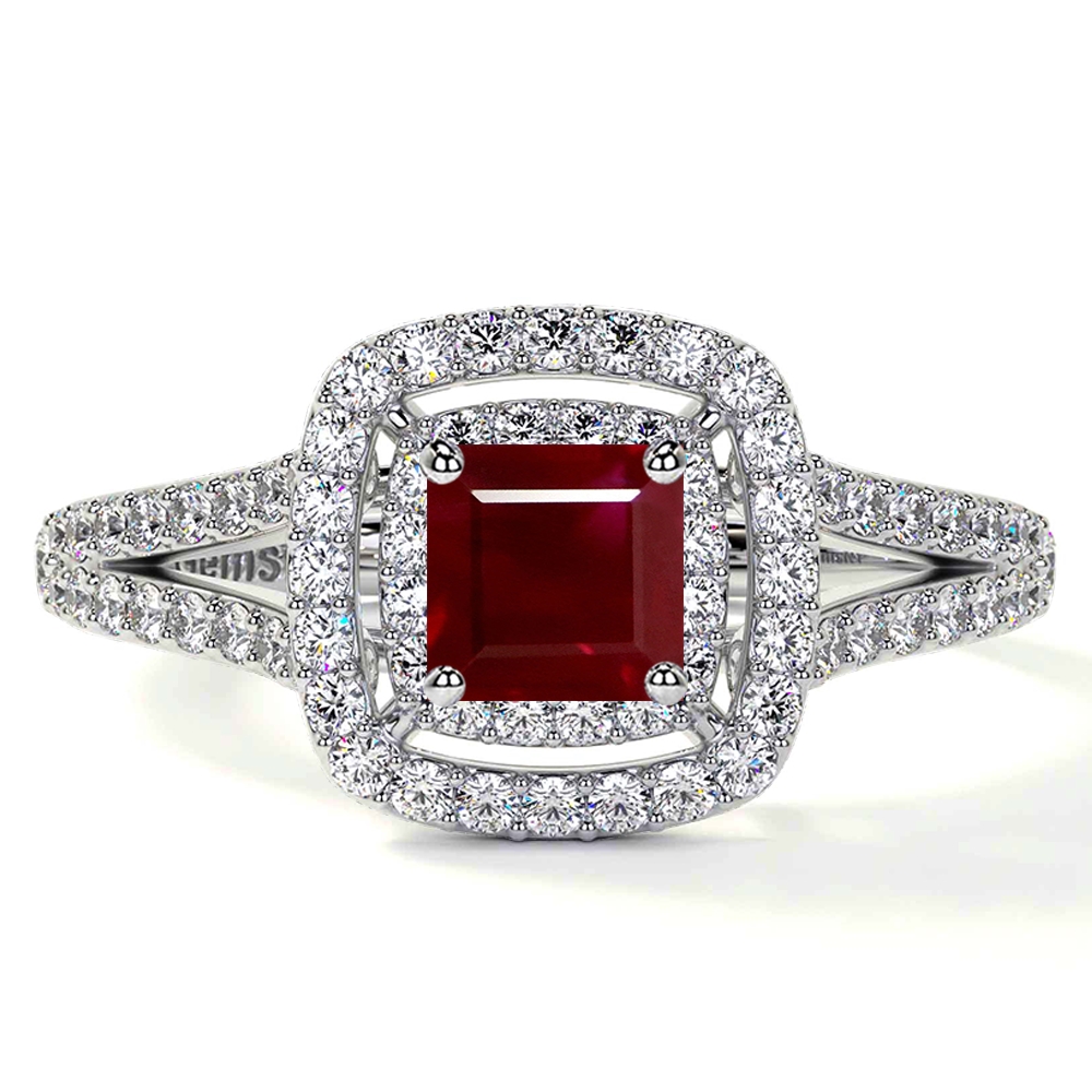 Ruby Square Cut Double Halo Ring with Prong Set Diamonds (1.10cttw) AA ...