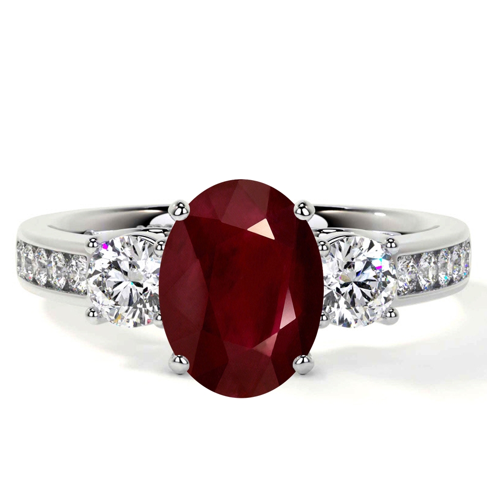 Three Stone Oval Ruby Ring with Prong and Channel Set Round Side ...