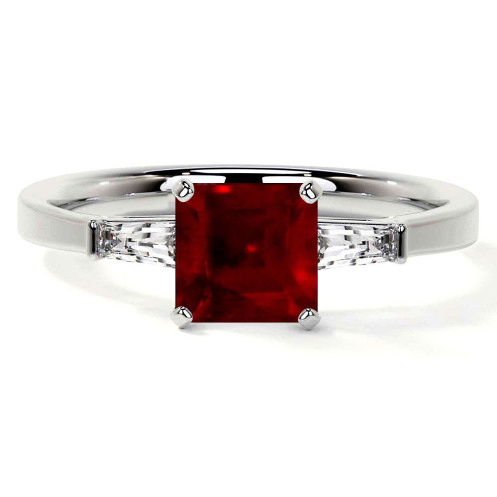 Three Stone Ring Square Cut Ruby with Bar Set Tapered Baguette Diamonds ...