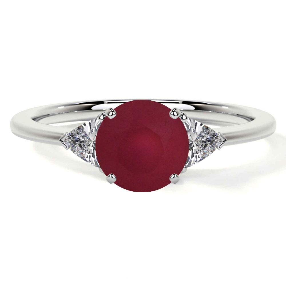 Classic Round Ruby Three Stone Ring with Trillion Cut Side Diamonds (1 ...