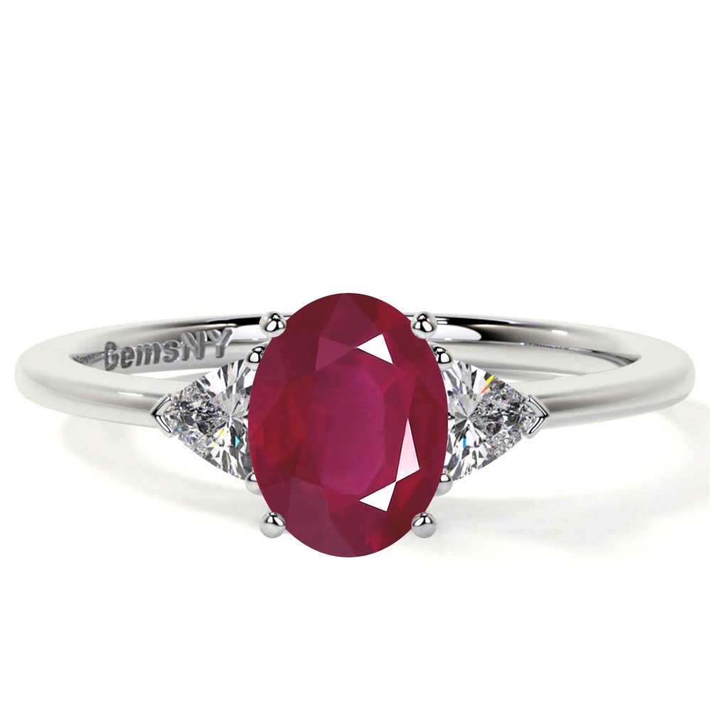 Classic Oval Ruby Three Stone Ring with Trillion Cut Side Diamonds (1.24cttw) A Quality