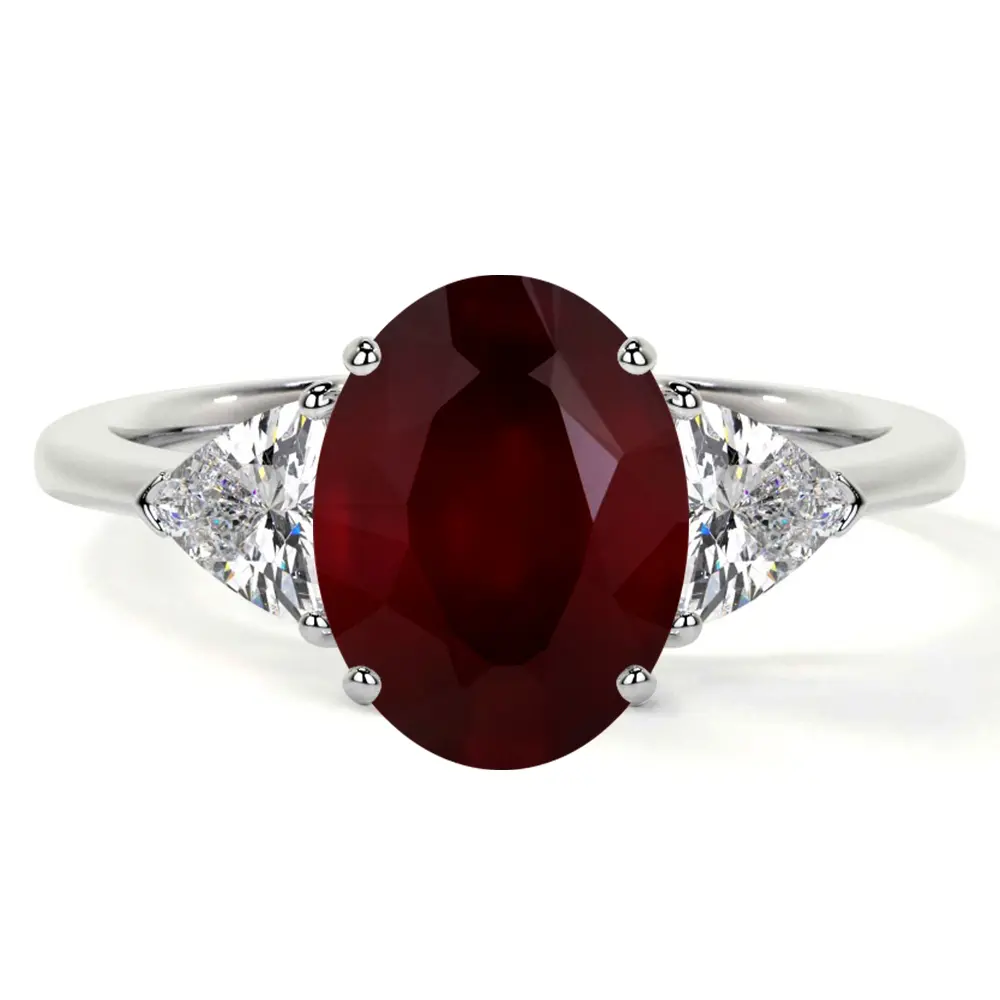 Classic Oval Ruby Three Stone Ring with Trillion Cut Side Diamonds (2 ...