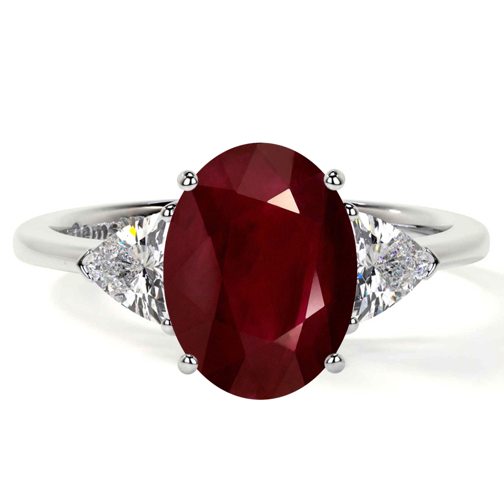 Classic Oval Ruby Three Stone Ring with Trillion Cut Side Diamonds (2.75cttw) AA Quality