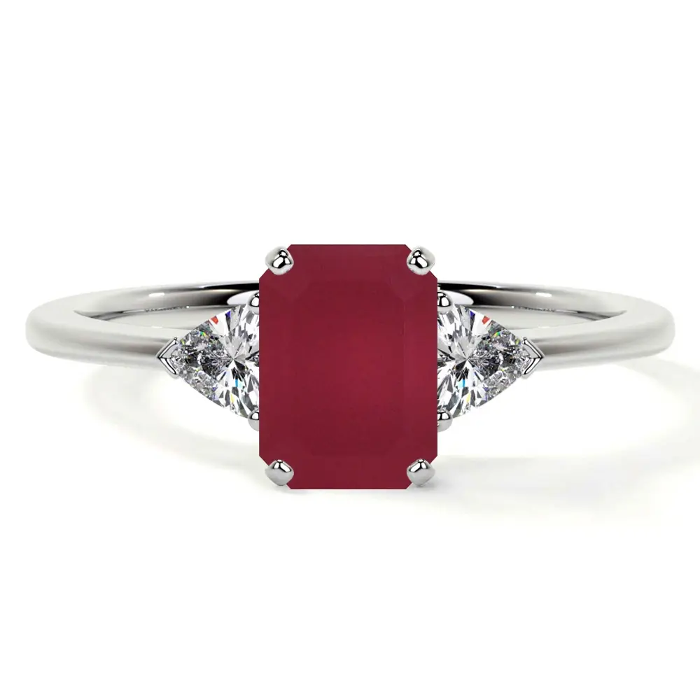 Classic Emerald Cut Ruby Three Stone Ring with Trillion Cut Side ...