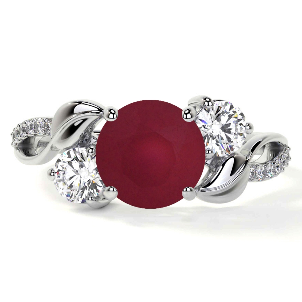 Three Stone Round Ruby ring with Round Side Diamonds and Pave Diamond ...
